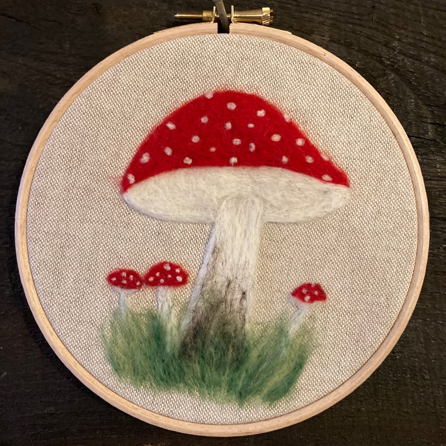 Toadstools, felted picture on linen in 6" ... - Folksy