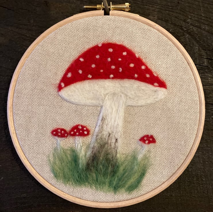 Toadstools, felted picture on linen in 6" ... - Folksy