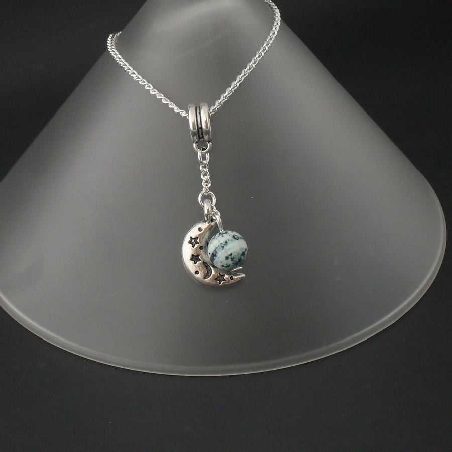Green fire agate gemstone & moon charm neck... - Folksy