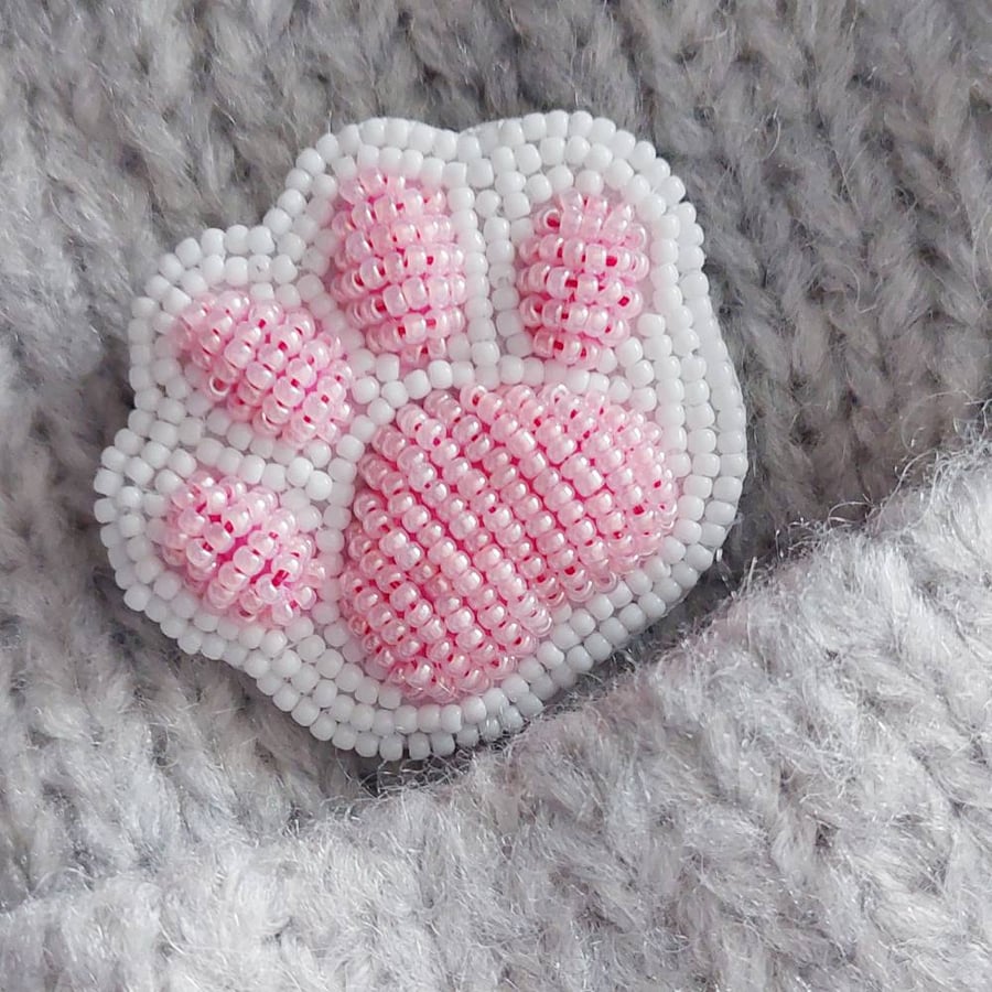 Handmade Beaded Cat Paw Brooch – White & Pink - Folksy