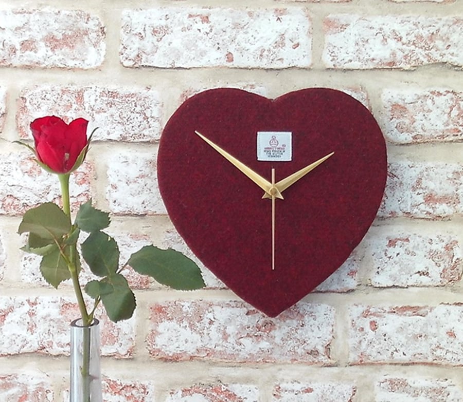 Harris tweed heart shaped clock dark red weddin... - Folksy