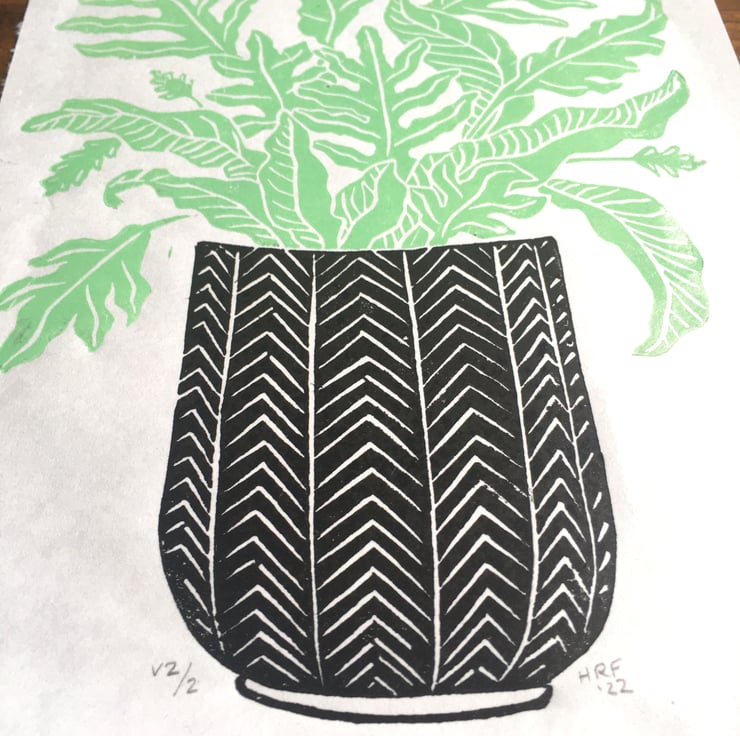 Fern lino print - blue star fern linocut art, m... - Folksy