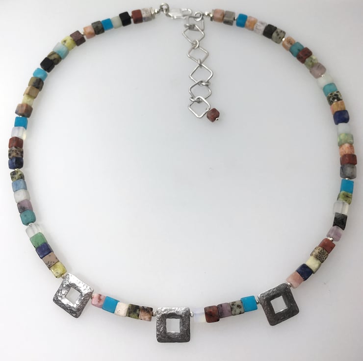Sterling silver square bead multi coloured neck... - Folksy