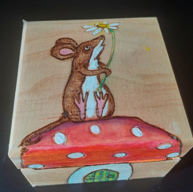 Small box.handburned mouse sitting on a toadstool - Folksy