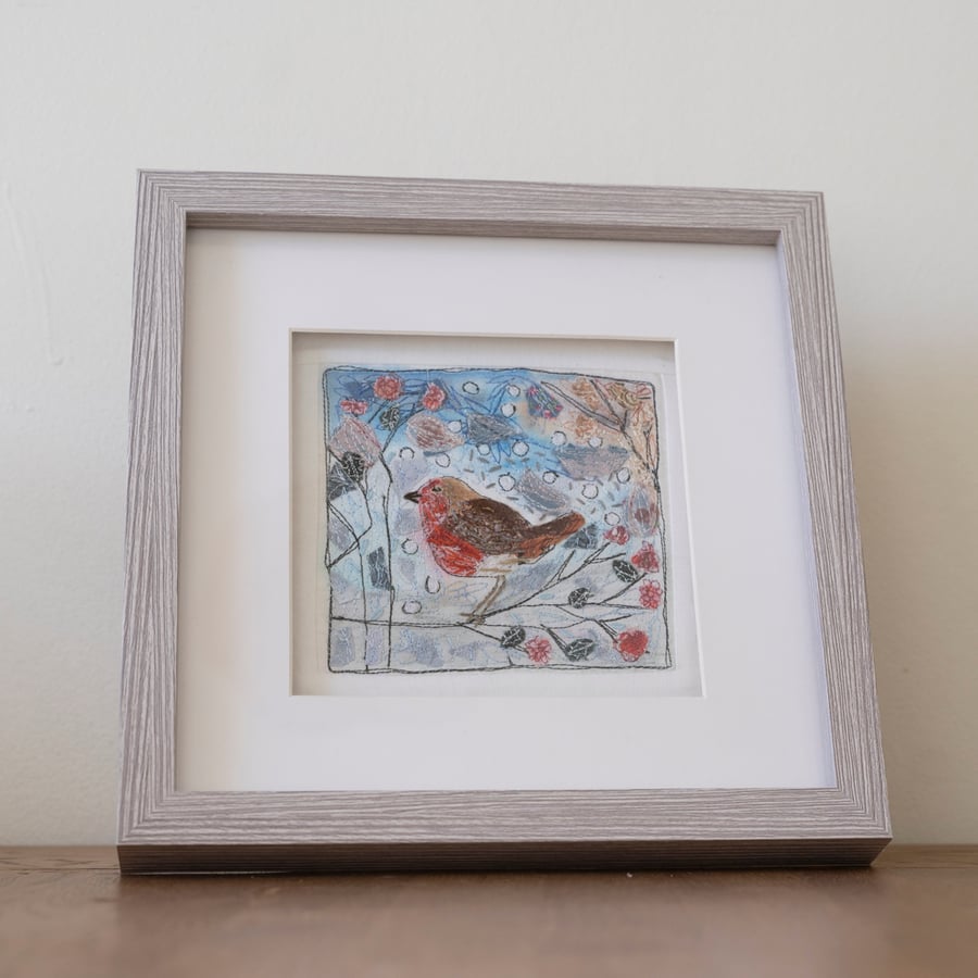 Framed Free Motion Robin Embroidery Textile Art - Folksy
