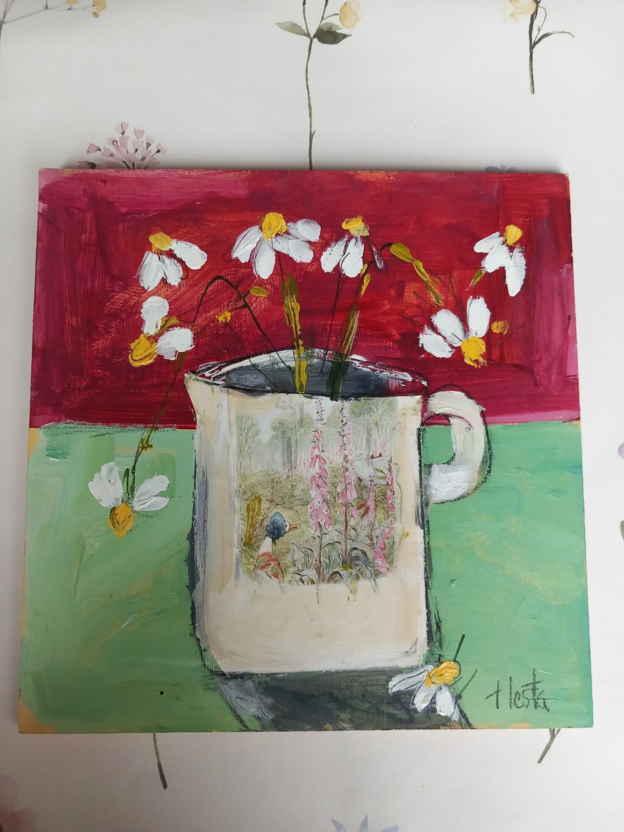 Whimsical still life painting on board, Beatrix... - Folksy