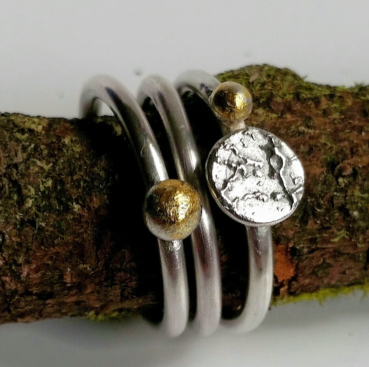 Silver and Gold Stacking Ring Set, Organic Pebb... - Folksy