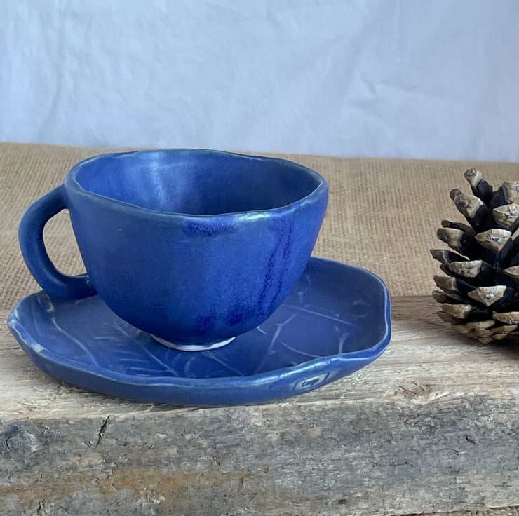 Hand made ceramic tea cup & saucer, blue te... - Folksy
