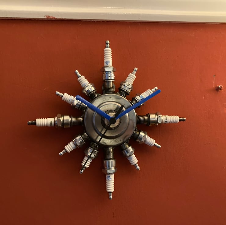 Sunburst Wall Clock, Upcycled Spark Plugs - Folksy