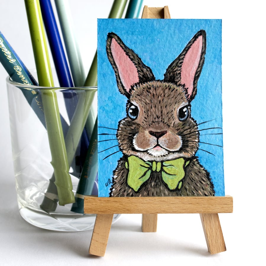 Bow Tie Bunny - Original ACEO painting - Folksy