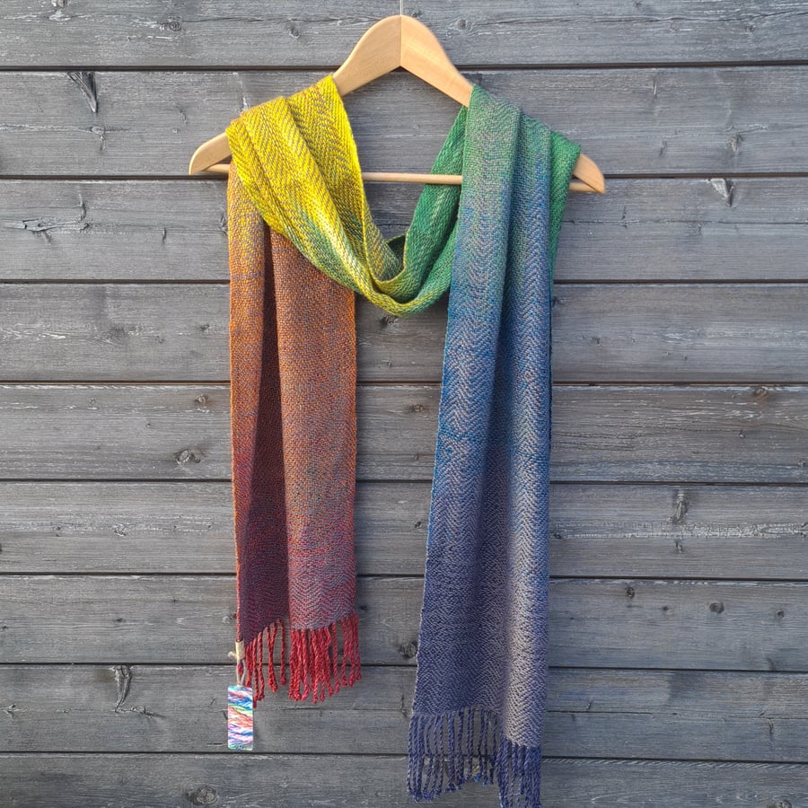 Hand Woven Rainbow Scarf in Silk and Merino Wool - Folksy