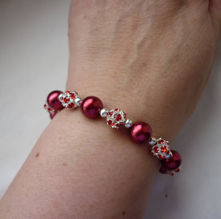 CHERRY RED AND SILVER RHINESTONE BRACELET. 633 - Folksy