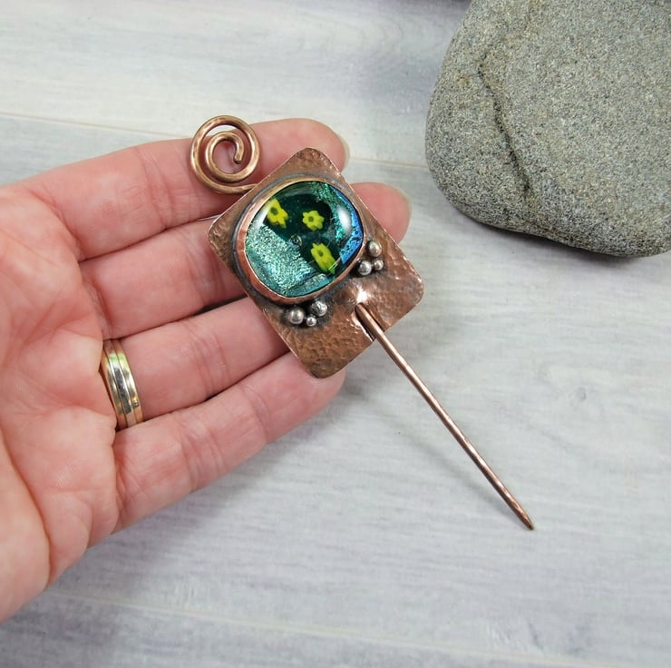 Shawl Pin Brooch. Copper with Artisan Dichroic ... - Folksy