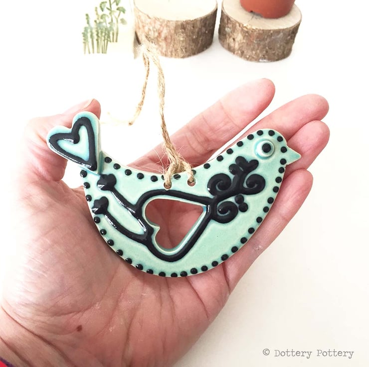 Ceramic folk art bird decoration Pottery bird - Folksy