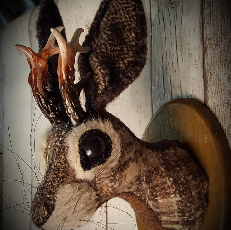 Jackalope trophy head brown and beige tweed fa... - Folksy