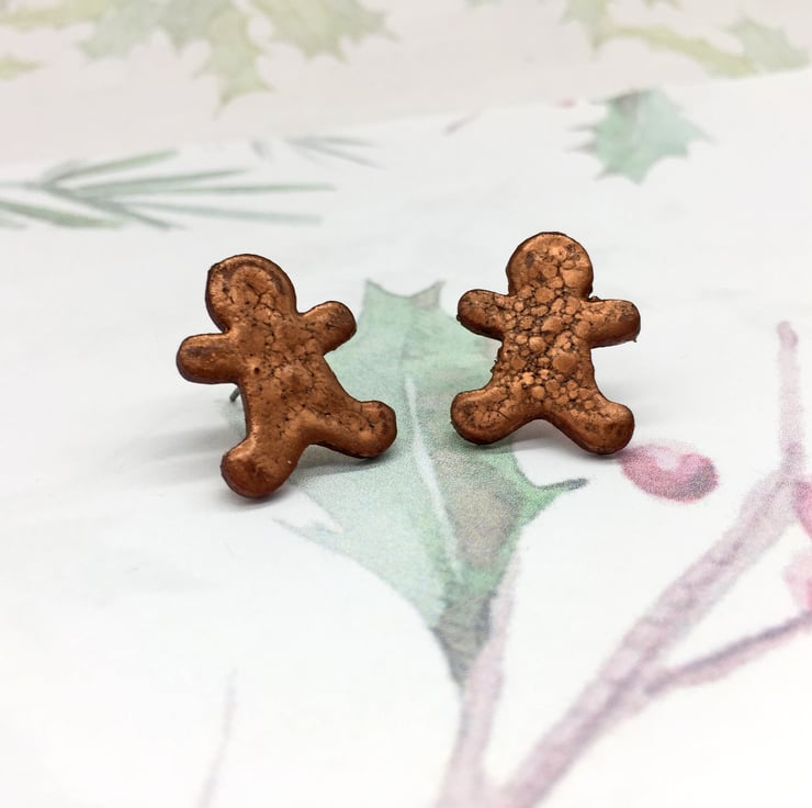Gingerbread man wooden stud earrings in copper ... - Folksy