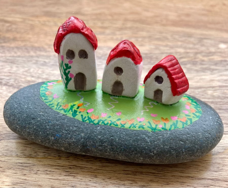 Miniature Village Houses On A Natural Stone - Folksy