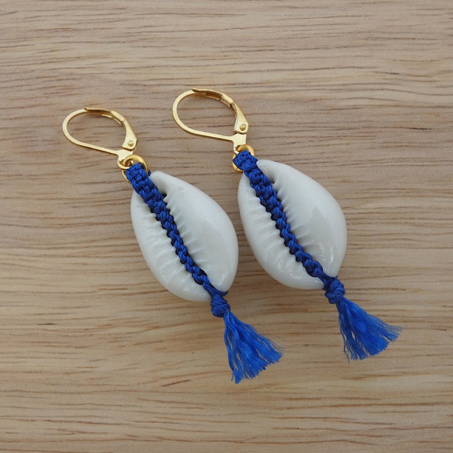 Gold plated leverback earrings with cowrie shel... - Folksy