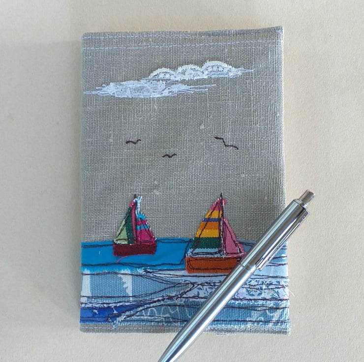 A6 Notebook with an Embroidered Seascape on a R... - Folksy