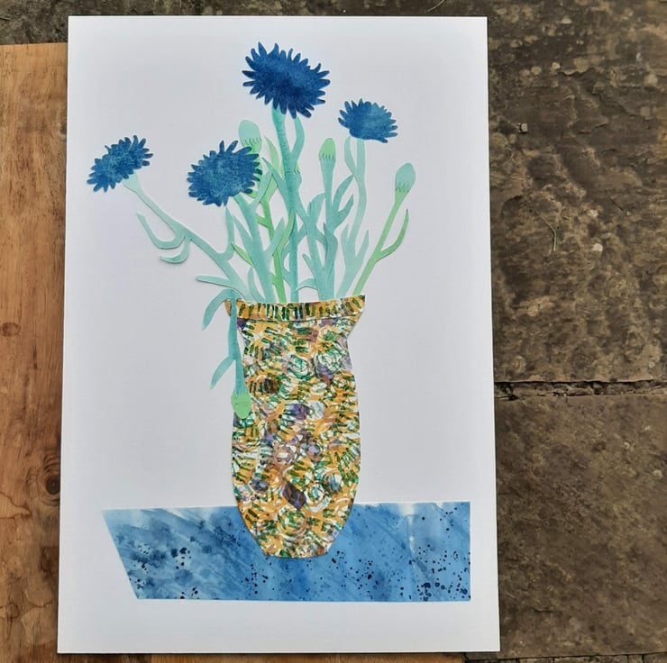 Cornflowers in a Vase Paper Collage - Folksy