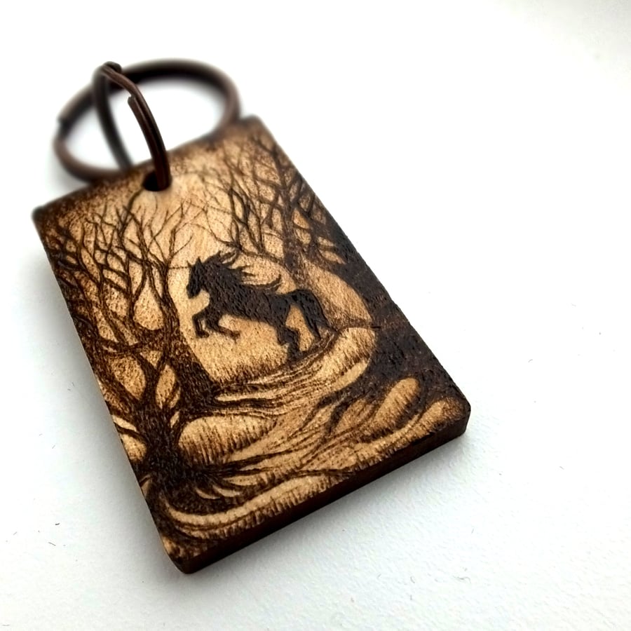 Woodland horse silhouette pyrography keyring, r... - Folksy