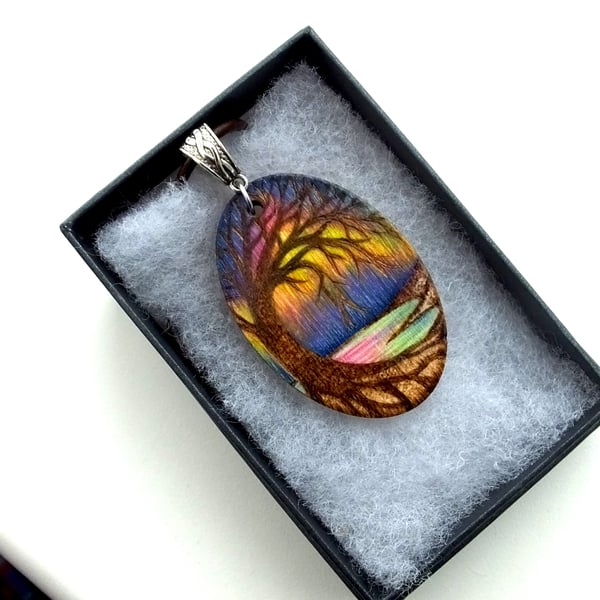 Aurora Borealis Seascape Pyrography Pendant Woo... - Folksy
