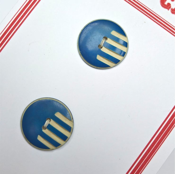 2 Vintage Blue and White Deco Buttons - Folksy