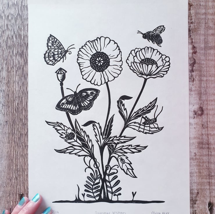 Summer Flowers and Insects Lino Print - 'Summer... - Folksy