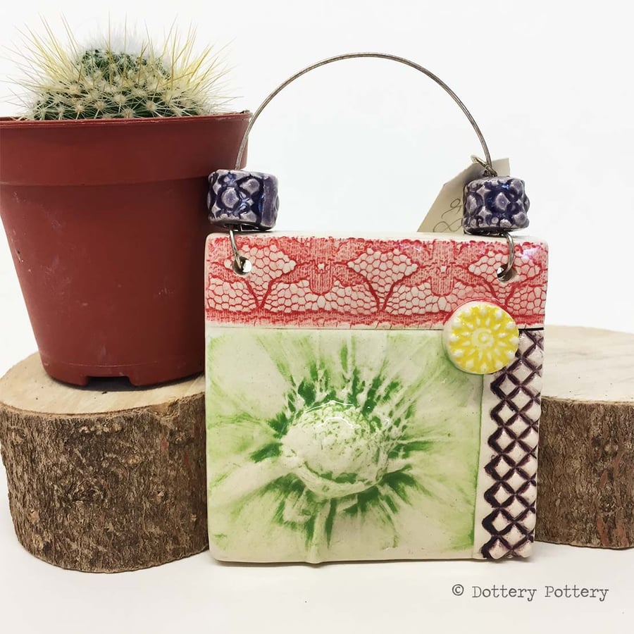 Small decorative ceramic tile with handmade bea... - Folksy