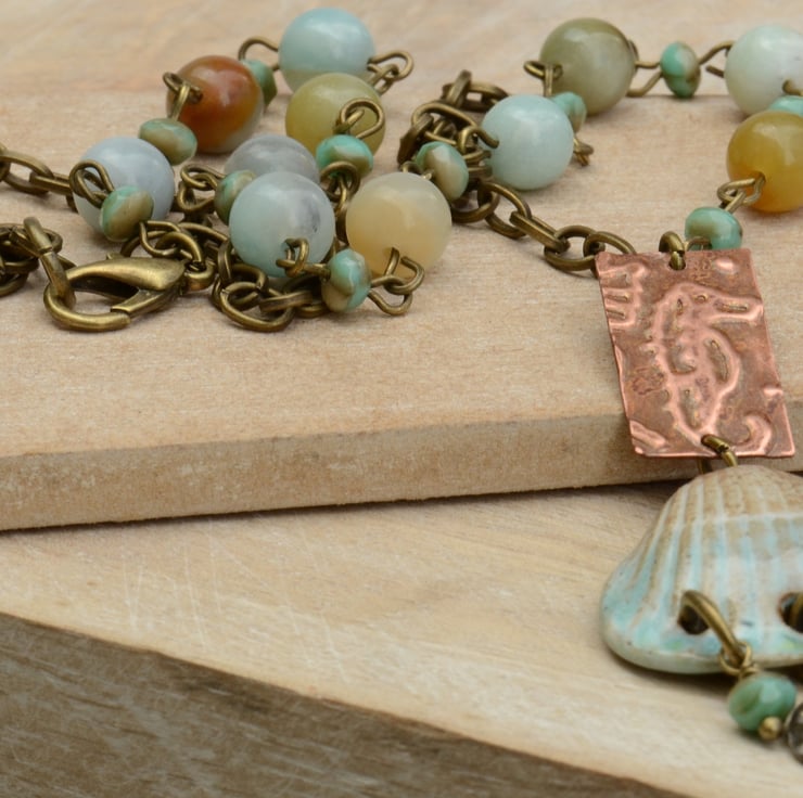 Ceramic Shell Pendant with Embossed Copper, Ama... - Folksy