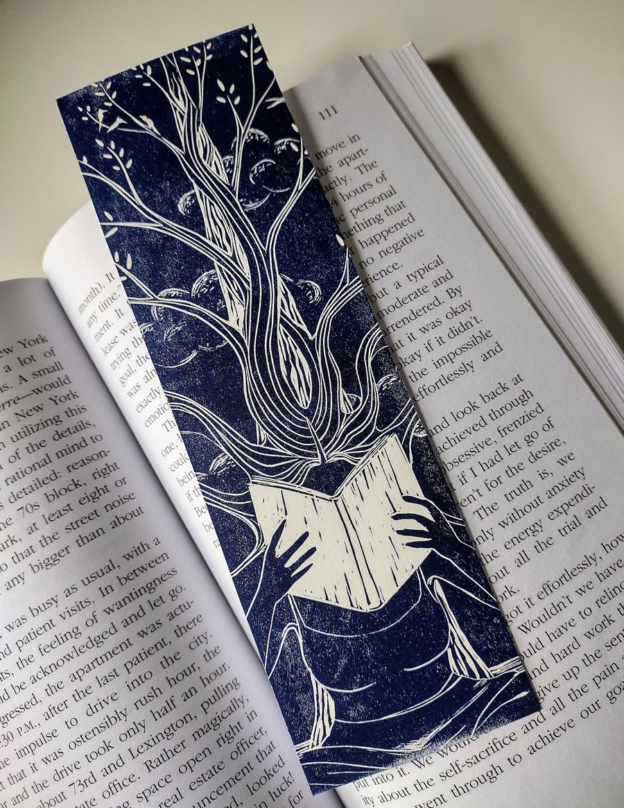'Untamed' linocut bookmark in blue - Folksy