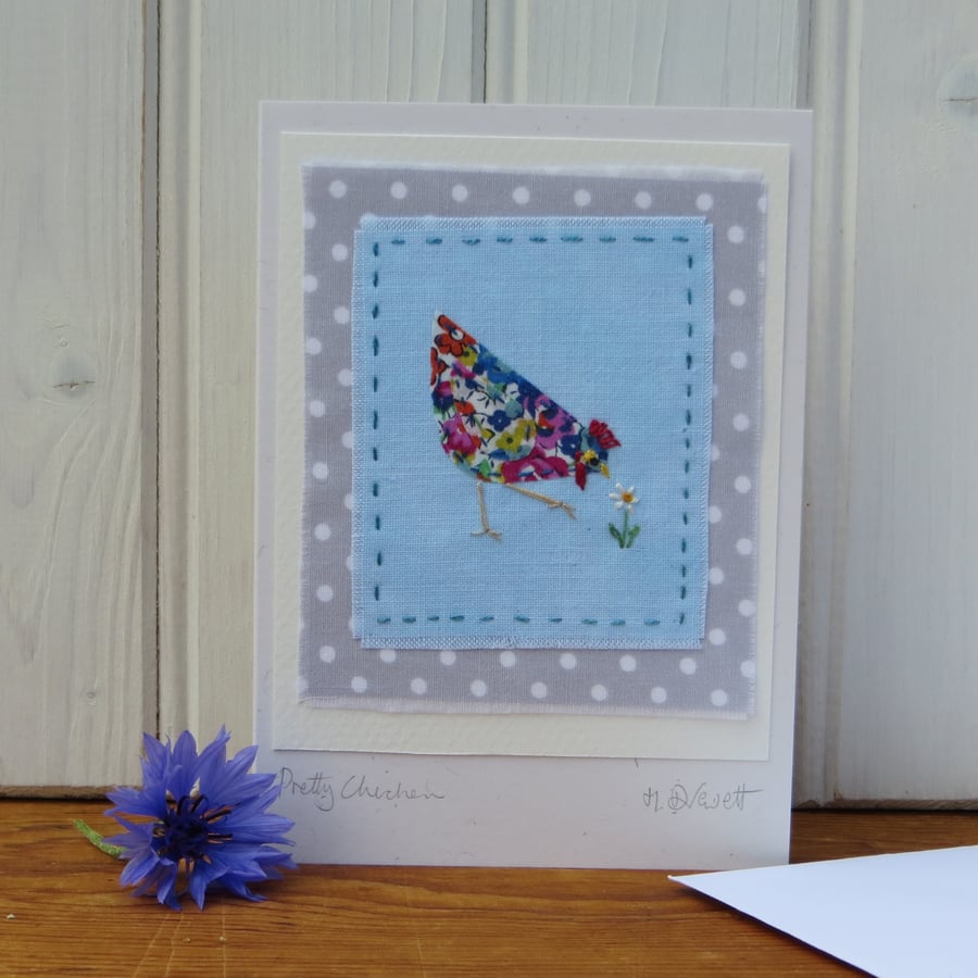 Pretty little hand-stitched hen card, polka dot... - Folksy