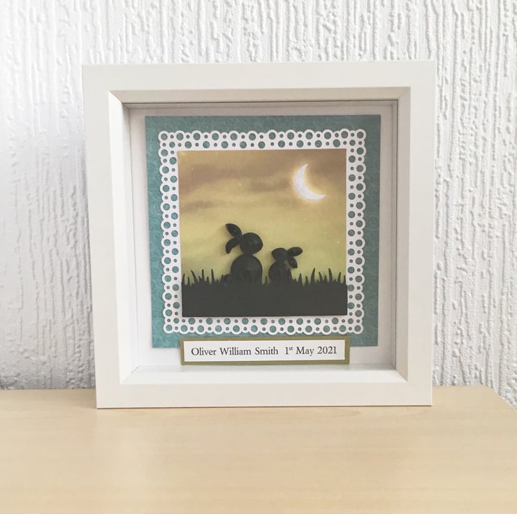 Baby box frame - quilled rabbits wall art - per... - Folksy