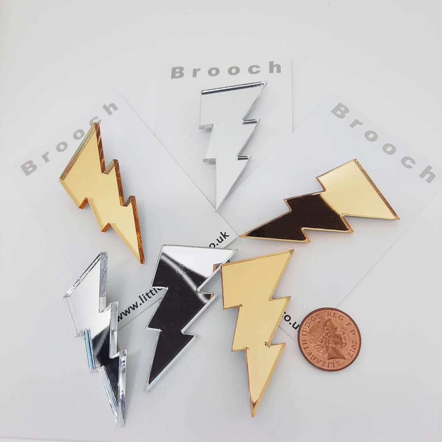 Mirror acrylic lightning bolt brooch pin badge - Folksy