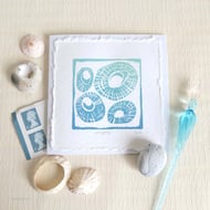 Blank art card limpet shells handmade lino prin... - Folksy