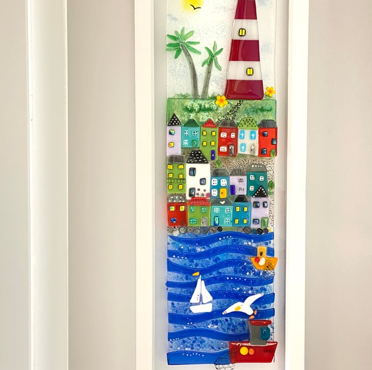Fused glass coastal art - plymouth lighthouse - Folksy