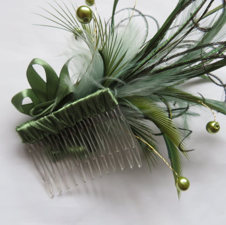 Olive Green Feather & Gold Feather Fascinator - Folksy