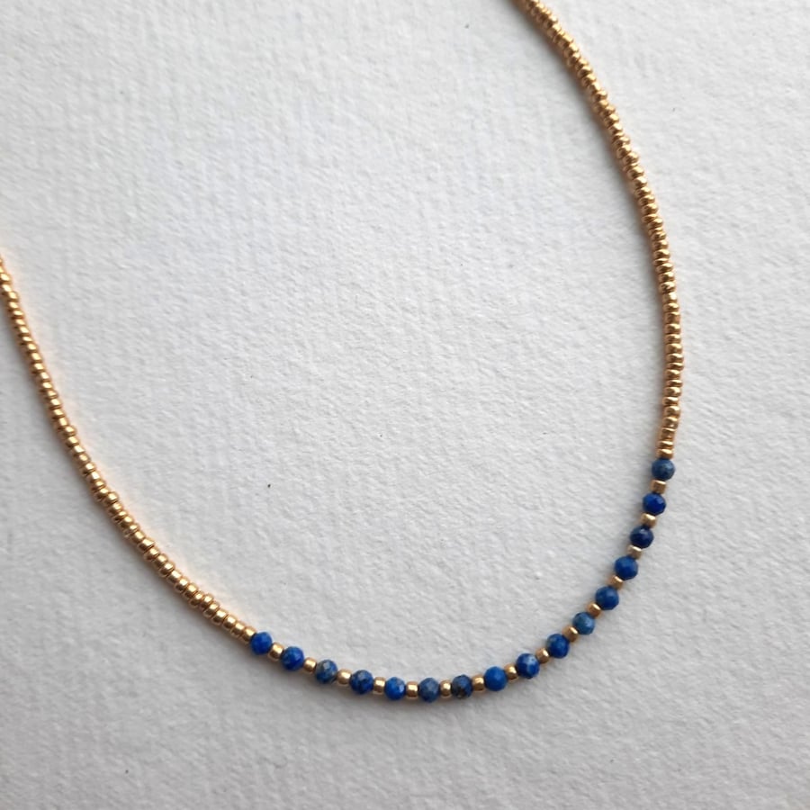 Lapis lazuli and gold glass beaded necklace, 17... - Folksy