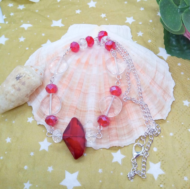 Red and Clear Beads and Silver Plated Chain Nec... - Folksy