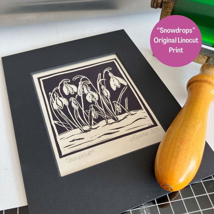 Lino Print - "Small Snowdrops" - Folksy