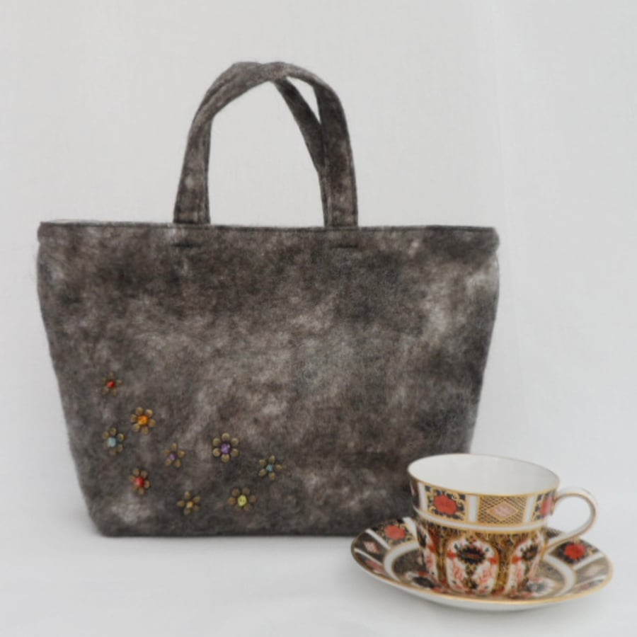 Felted Handbag - grey with beaded flowers - Folksy