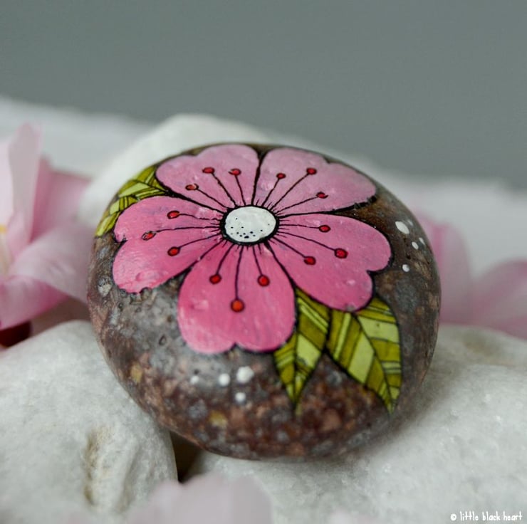 cherry blossom - painted pebble - Folksy