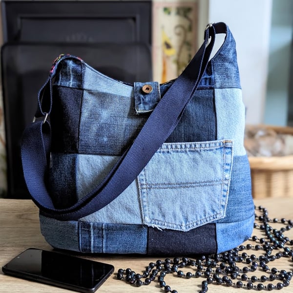 Recycled Patchwork Denim Hobo Cross Body Bag - Folksy