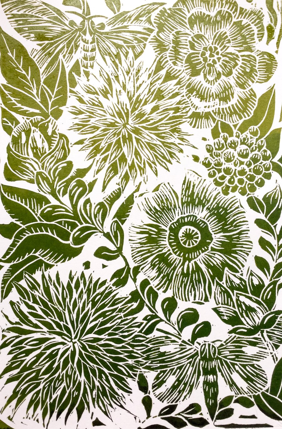 Botanical moth Original Lino print green - Folksy
