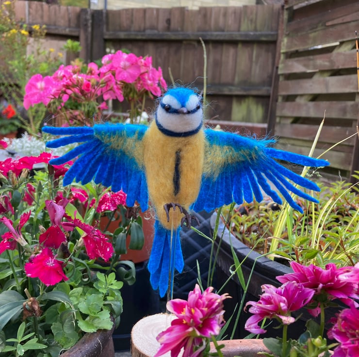 Needle felted Blue tit in flight, woollen bird ... - Folksy