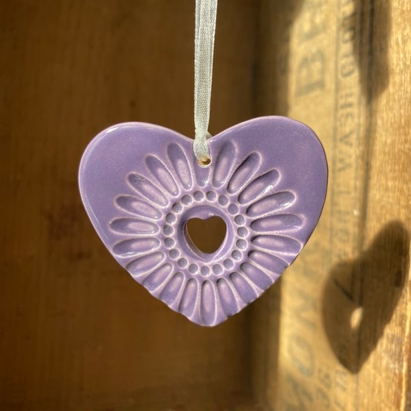 X small Pottery heart hanging decoration purple - Folksy