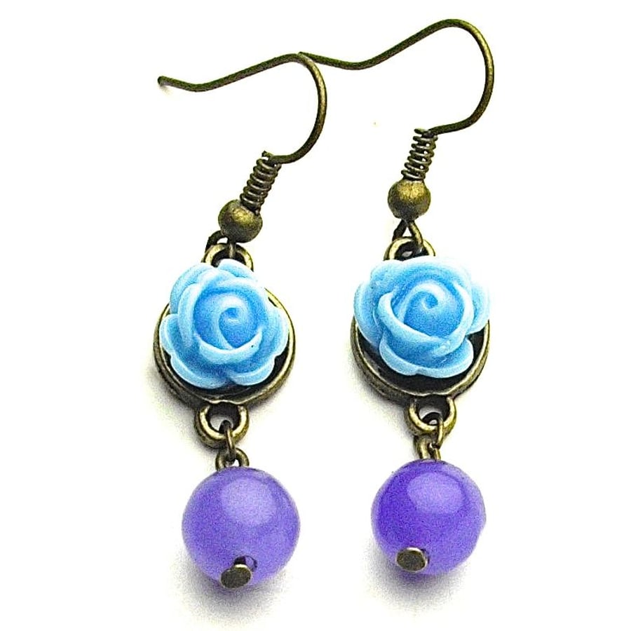 Purple Jade and Blue Rose Earrings - UK Free Post - Folksy