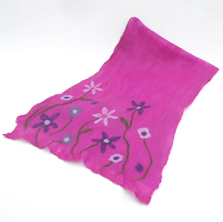 Fuchsia pink nuno felted scarf with floral detail - Folksy