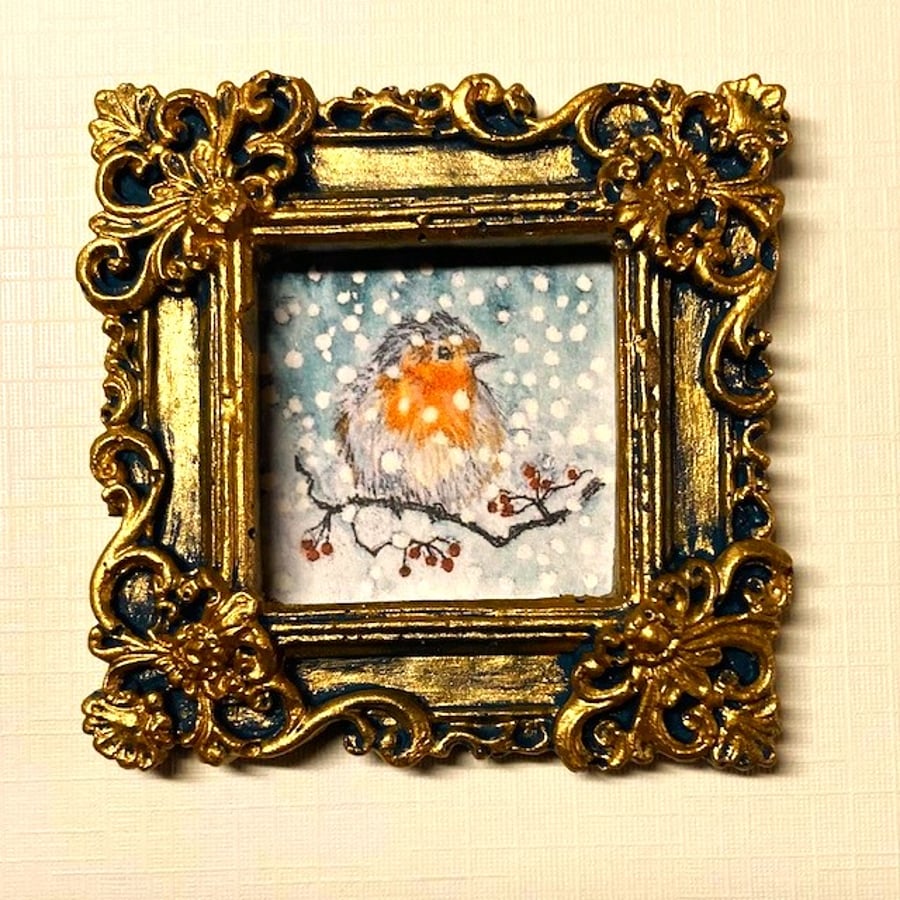 Tiny Framed miniature PRINT, Winter Robin, bird... - Folksy