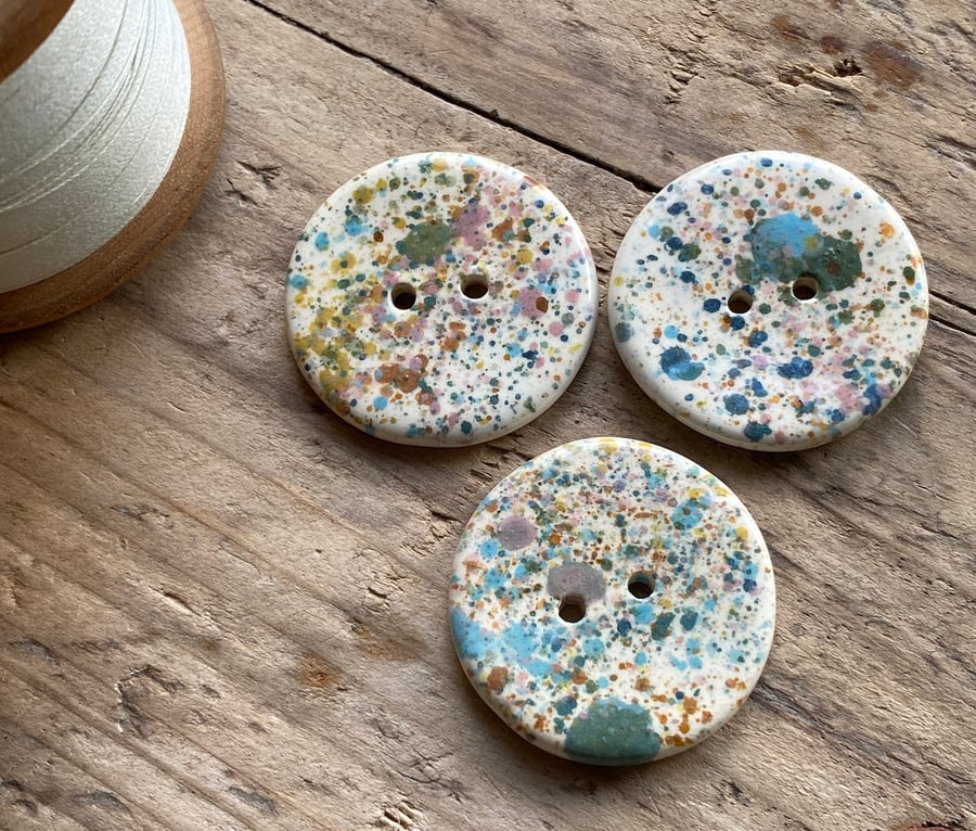Set of 3 large Round handmade Ceramic Buttons - Folksy